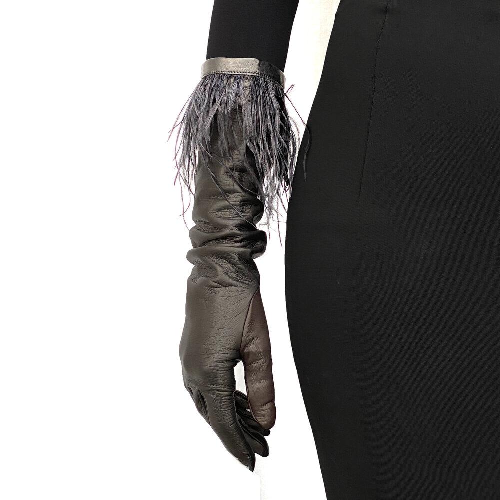 Simone 8BT - Women's Silk Lined Leather Gloves With Ostrich Feather Cu ...